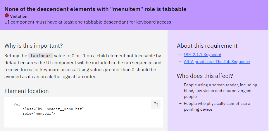 Accessability Violation : None of the descendent elements with "menuitem" role is tabbable ...
