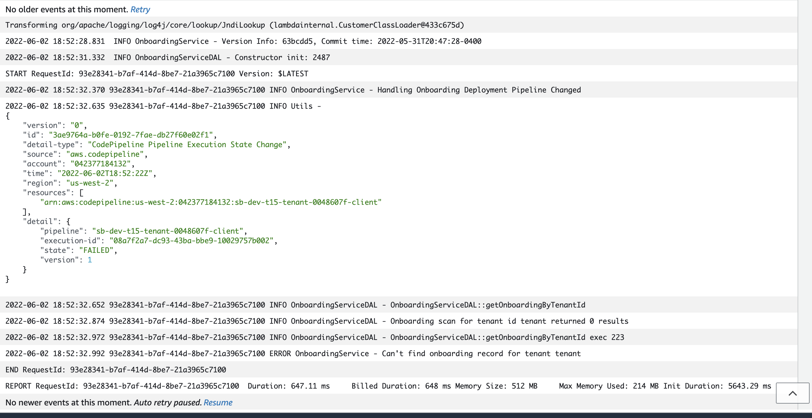 error shows up in cloudwatch when onboard tenants: Can't find onboarding record for tenant ...