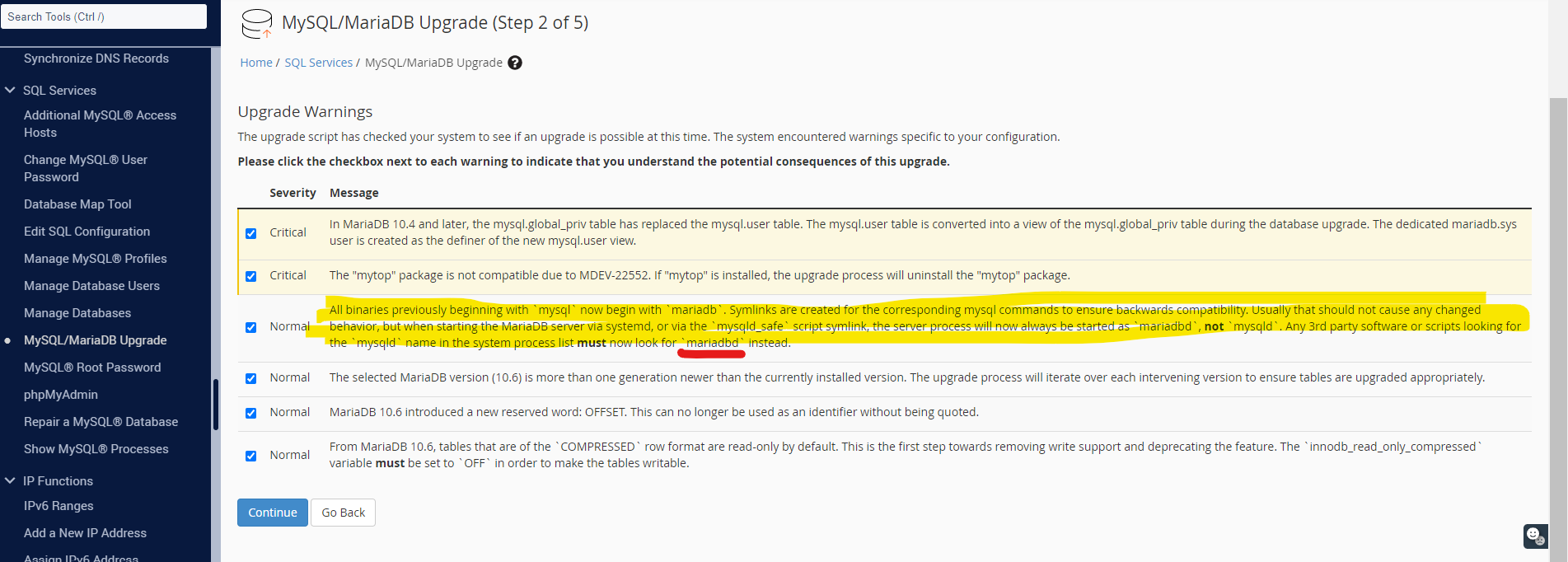MariaDB 10.6 not restart with all the services via Engintron interface. · Issue #1434 ...
