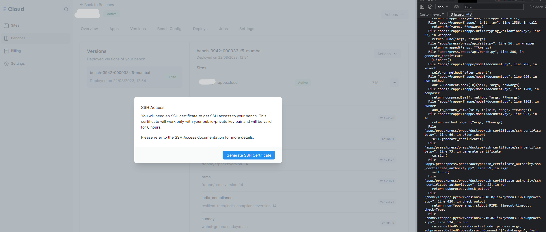 Unable to Generate SSH Certificate · Issue #1010 · frappe/press · GitHub