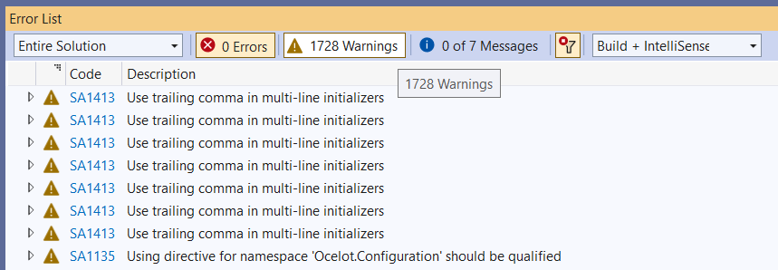 Huge logs because of StyleCop.Analyzers warnings · Issue #1660 · ThreeMammals/Ocelot · GitHub