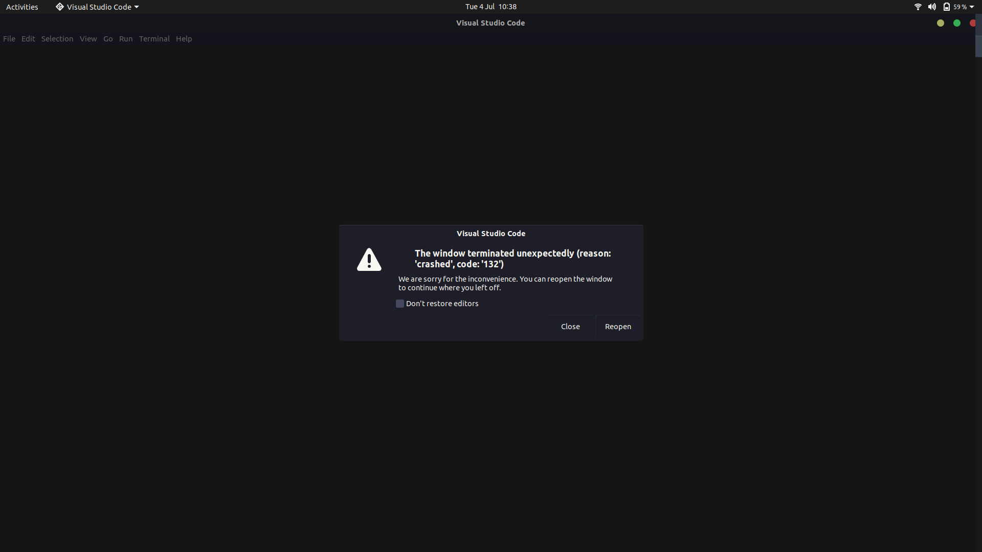 the window has crashed (reason: 'crashed', code: '132') · Issue #186959 · microsoft/vscode · GitHub