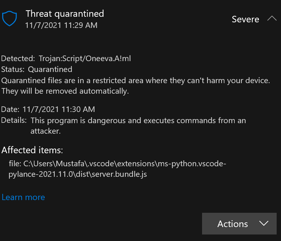Pylance server.bundle.js is detected as trojan · Issue #2045 · microsoft/pylance-release · GitHub