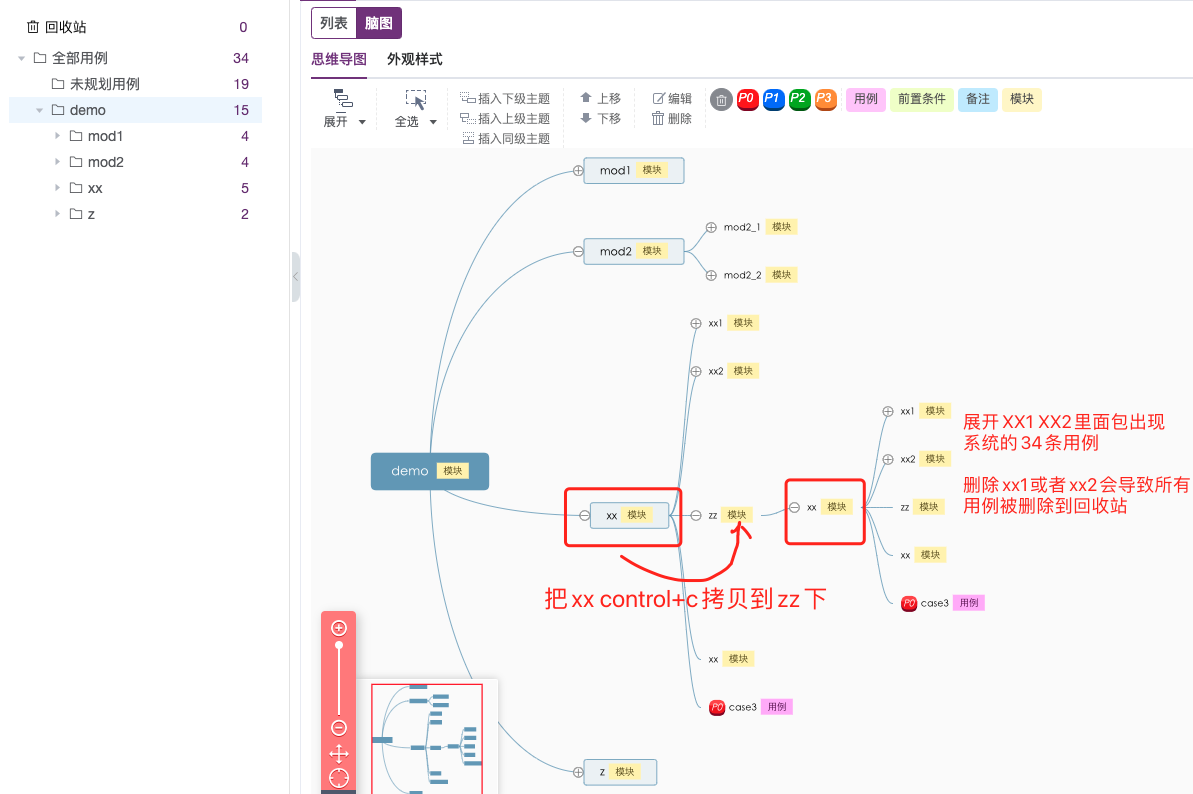 Bug 用例编写时，父模块p下存在子模块s1、s2，将父模块p拷贝到s1下作为子模块，会出现系统内所有用例都会在p S1 P S1s2下出现，删除p也会删除所有用例到回收站。 ·