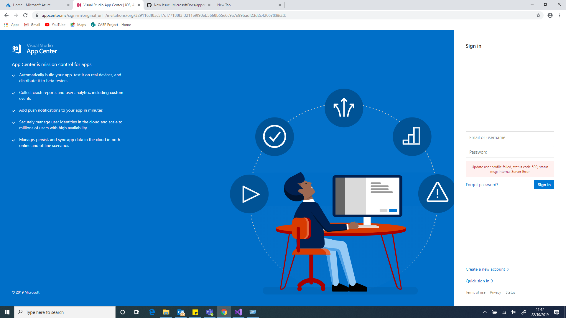 App Center Login issue "Update user profile failed, status code 500 ...