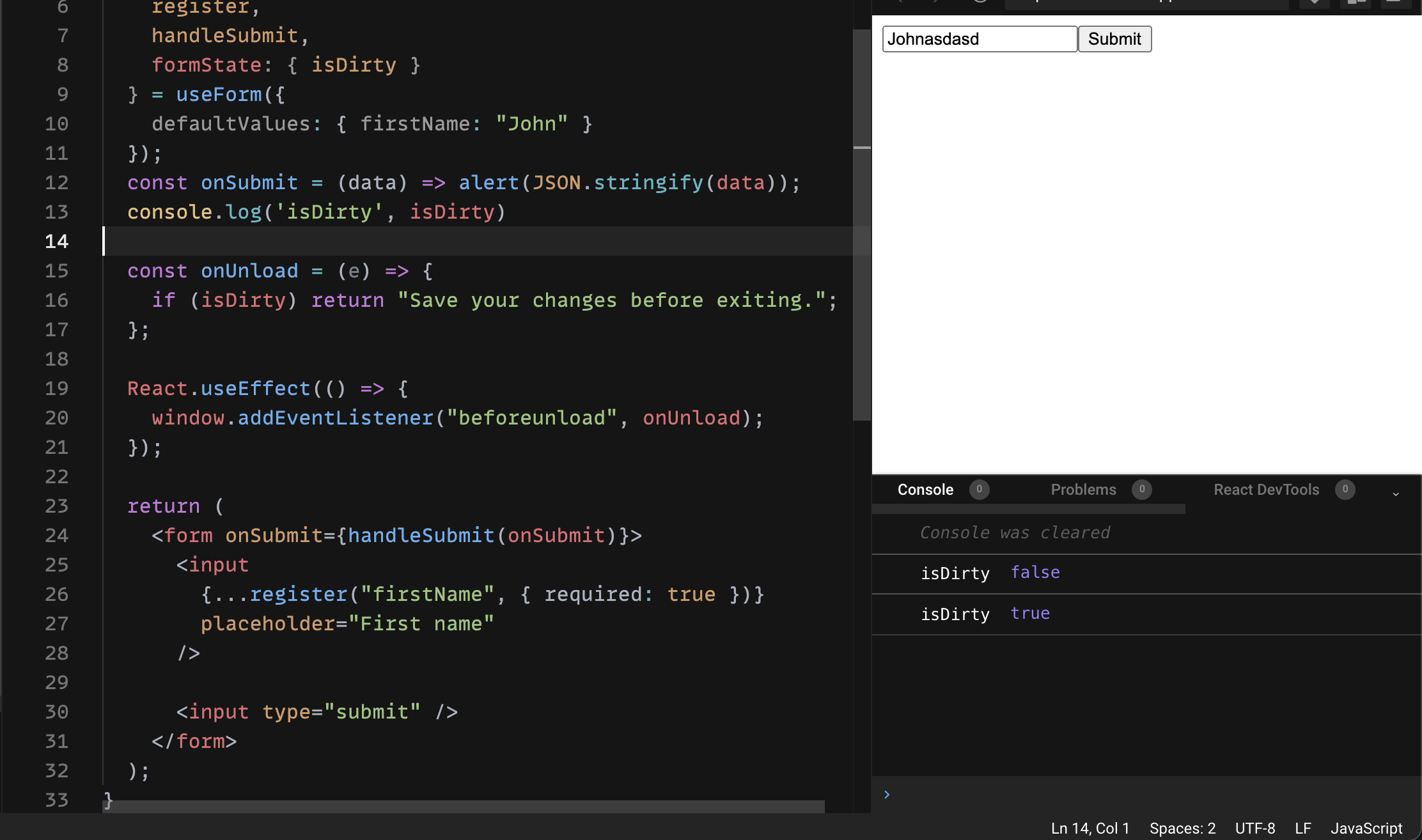 How to use isDirty in window.onbeforeunload? · react-hook-form · Discussion #5339 · GitHub