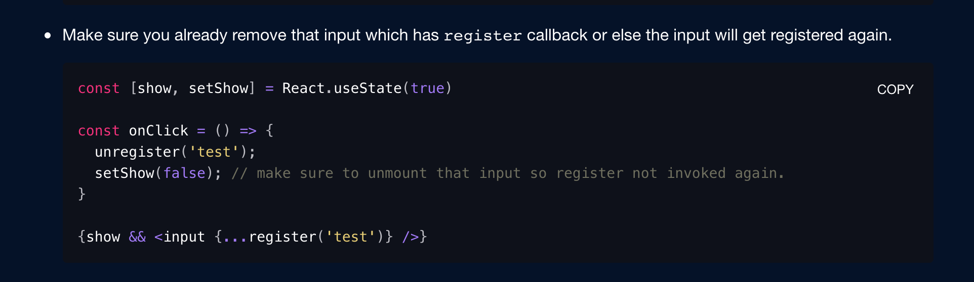 [Bug]: Unregister not working in the example given on offical wesbite · Issue #6515 · react-hook ...