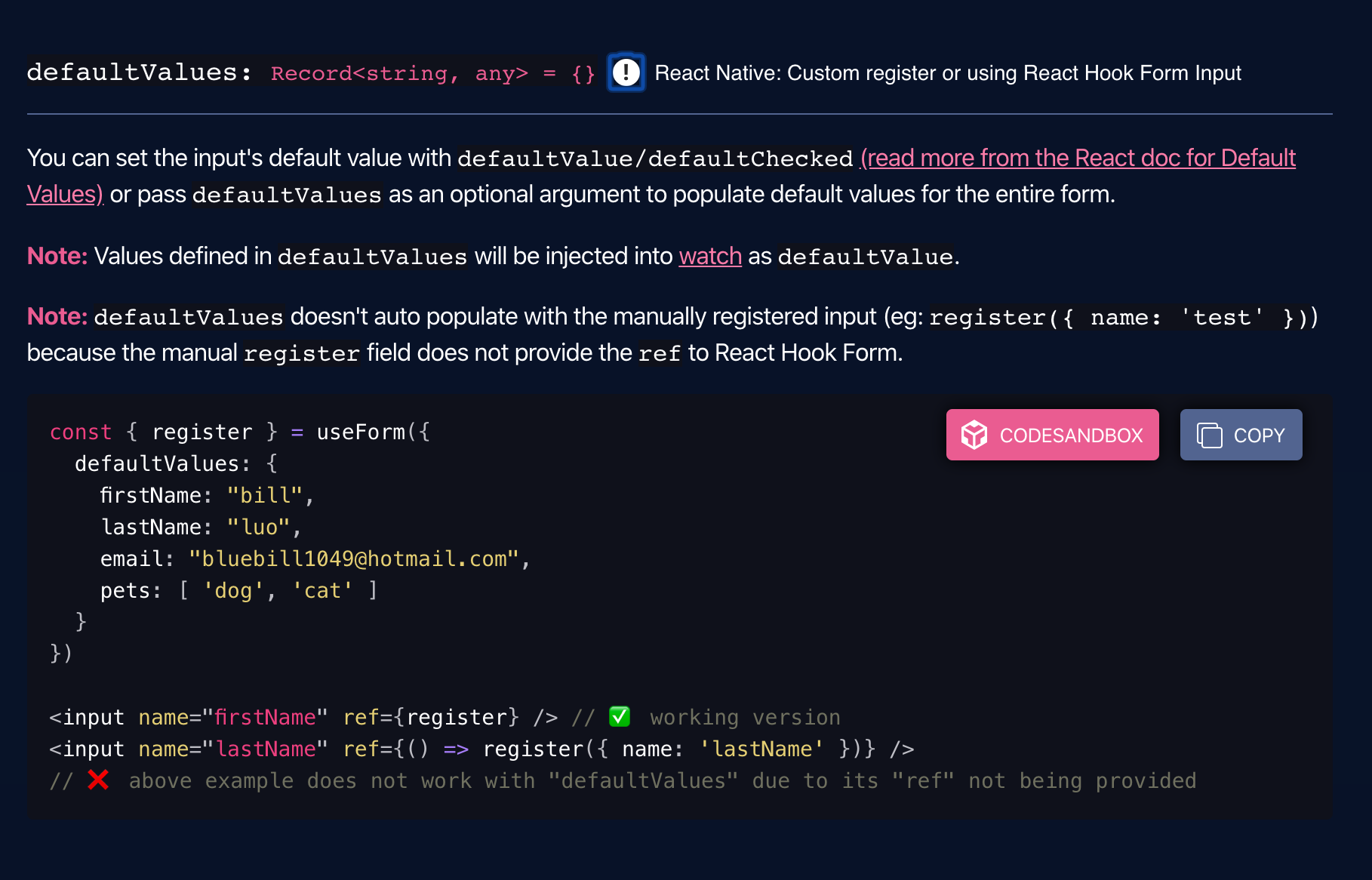 DefaultValues Not Working In RN Issue 633 React hook form react