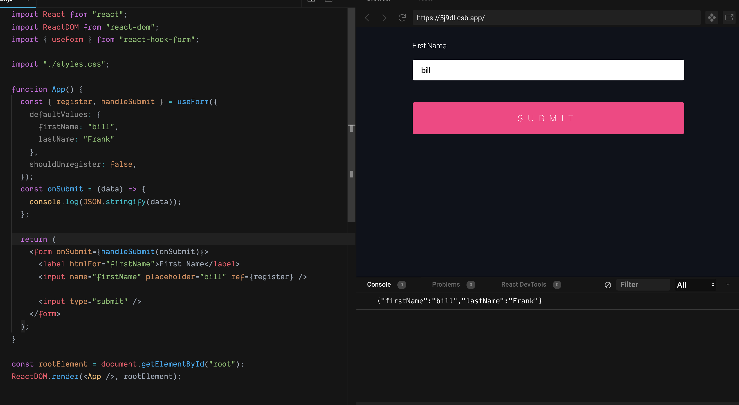 Unregistered Defaultvalues Dont Show Up Onsubmit · Issue 2994 · React