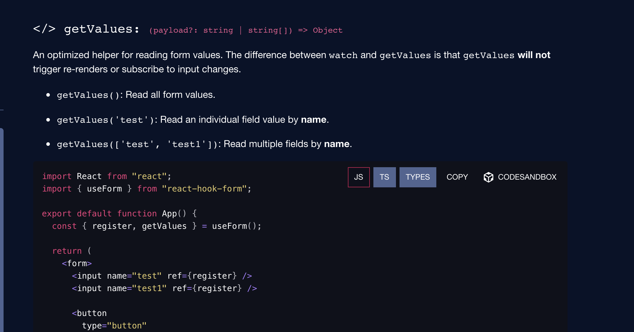 getValues('field') vs getValues().field · react-hook-form · Discussion #3345 · GitHub