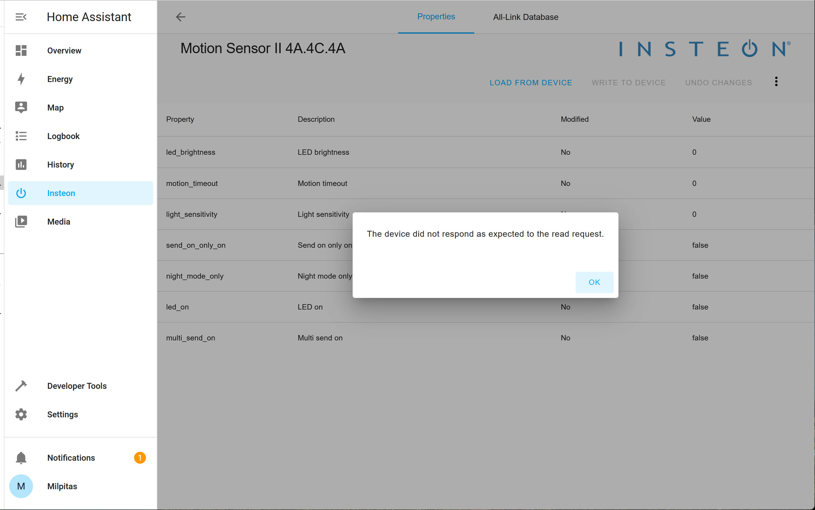 Unable to Load/Write from/to Device in Insteon integration page for ...