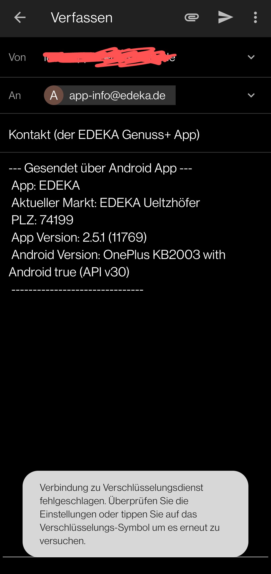 Drafts can not be saved and mails can't be sent due to "error in Connection to encryption ...