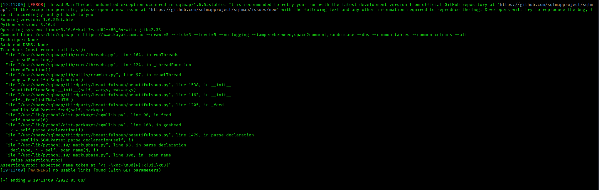 thread MainThread: unhandled exception occurred in sqlmap/1.6.5#stable. · Issue #5093 ...
