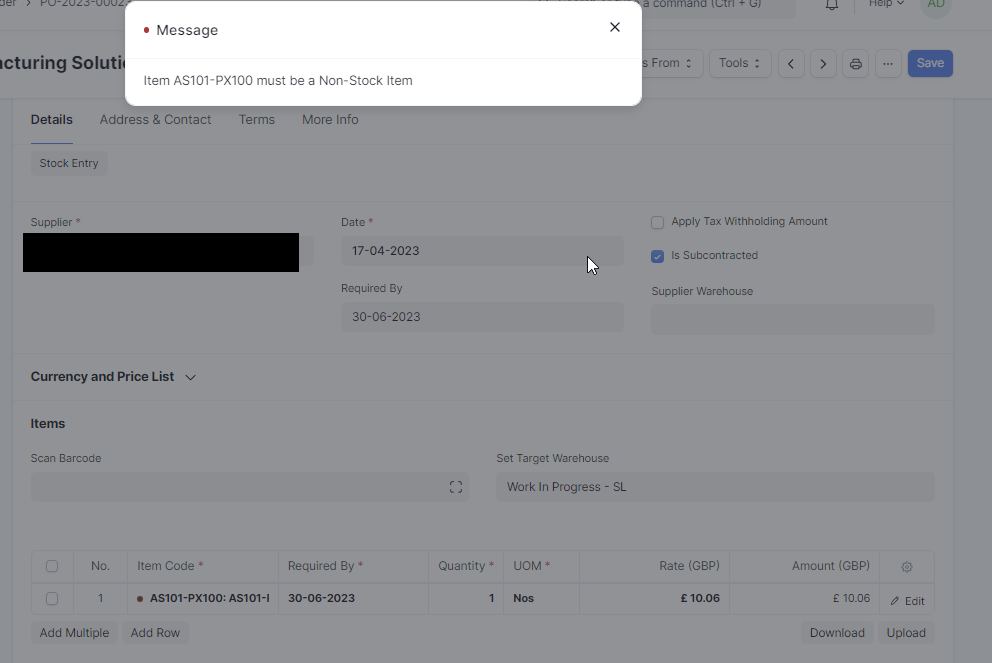 Subcontracting Purchase Order Error Saying Non Stock Item · Issue 34894 · Frappeerpnext · Github 