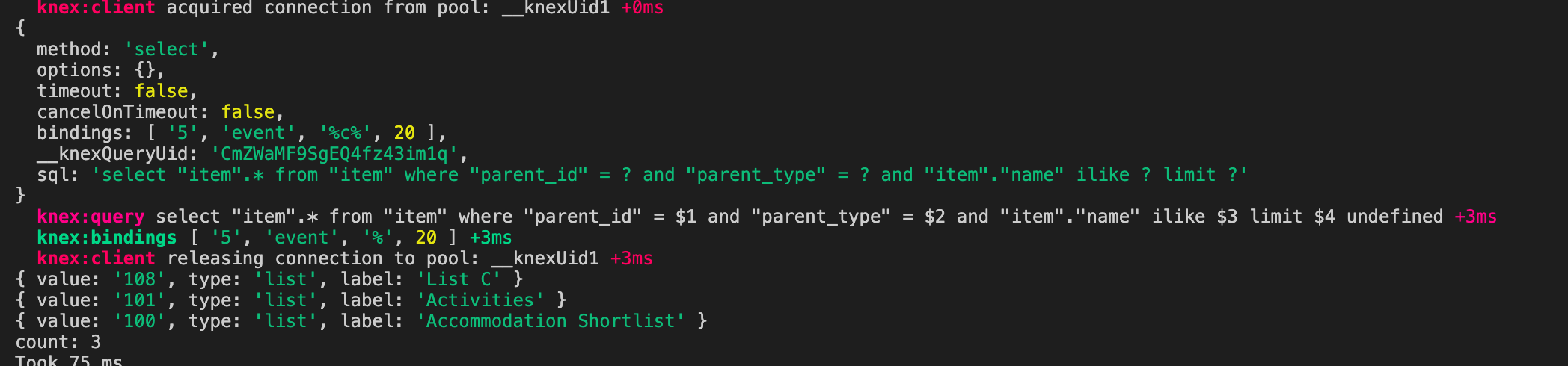 % formatters not escaped in debug output · Issue #4412 · knex/knex · GitHub