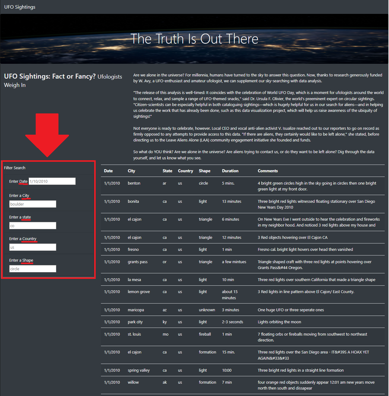 GitHub - BaileeRice/UFOs: Building a dynamic webpage to display information on UFO sightings ...
