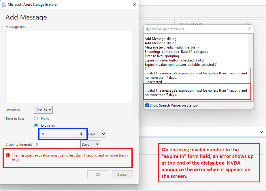 A11y_Azure Tools Storage Explorer_Queues_AddMessage_ScreenReader:When we edit the expire field ...