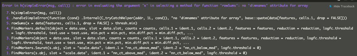 Error in FindMarkers using slot = 'scale.data' : no 'dimnames' attribute for array · Issue #3134 ...