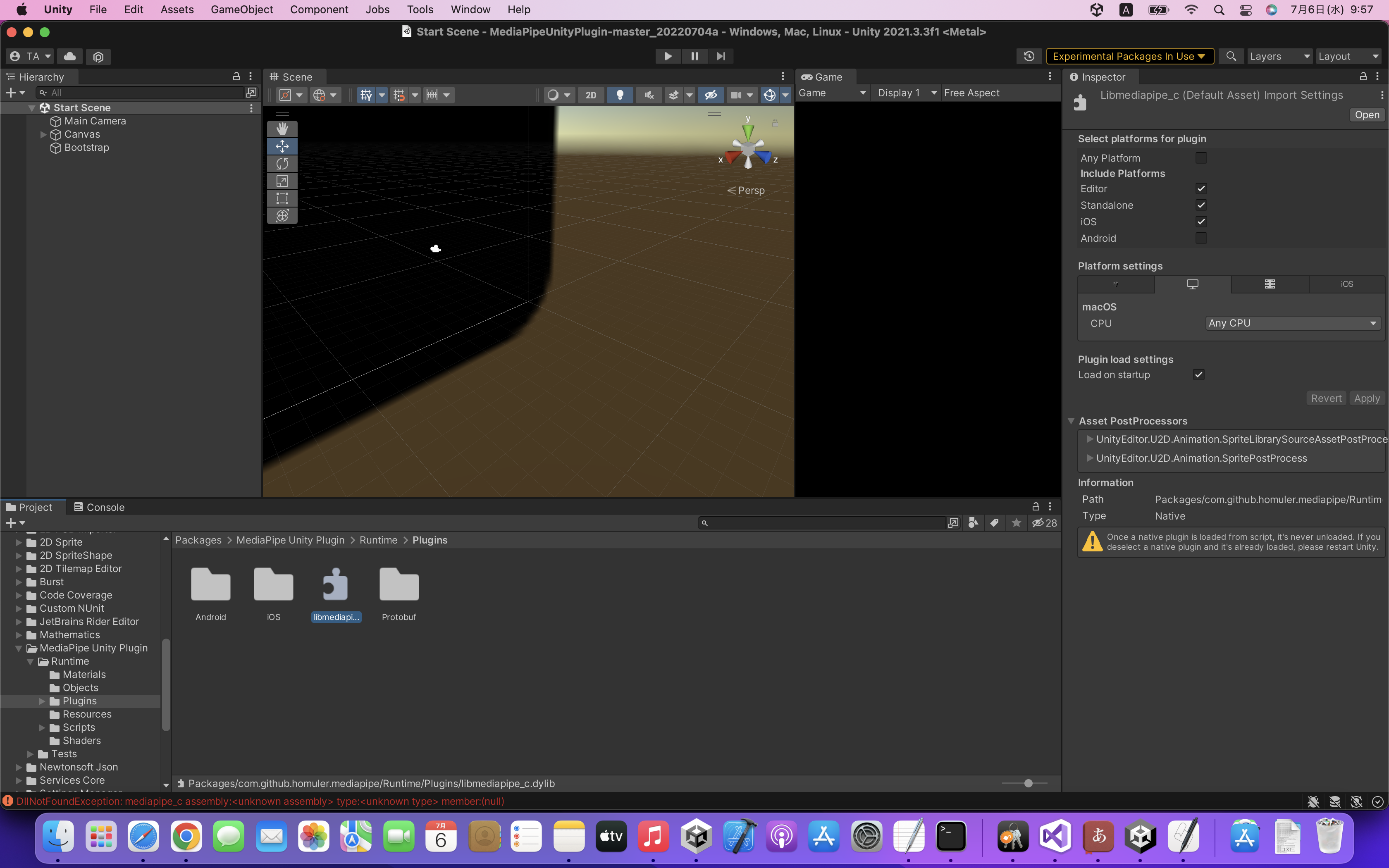 DllNotFoundException: mediapipe_c assembly: type: member:(null) Mediapipe.UnsafeNativeMethods ...
