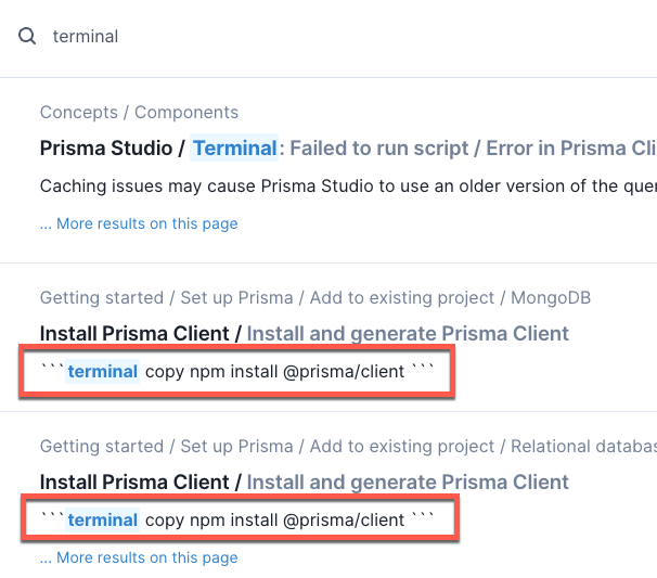 Search results: returning markup · Issue #3329 · prisma/docs · GitHub