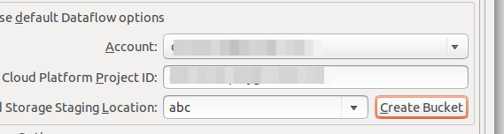 "Create Bucket" button in Dataflow run configuration UI does not get ...