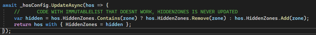[Configuration] ImmutableList parameter can't be modified in IWritableOptions's UpdateAsync ...