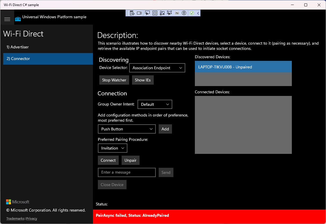 Second WiFi Direct connection fails · Issue #1399 · microsoft/Windows-universal-samples · GitHub