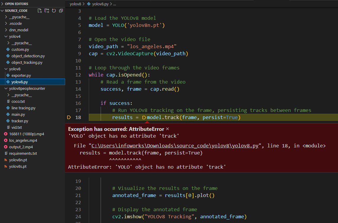 results = model.track() occurs error 'YOLO' object has no attribute 'track' in object tracking ...