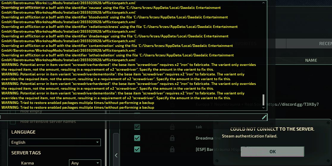 Could not connect to the server. Steam authentication failed. · Issue ...