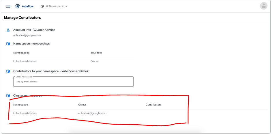 Multi-user mode not listing the namespace dropdown and Manage contributors not showing all ...