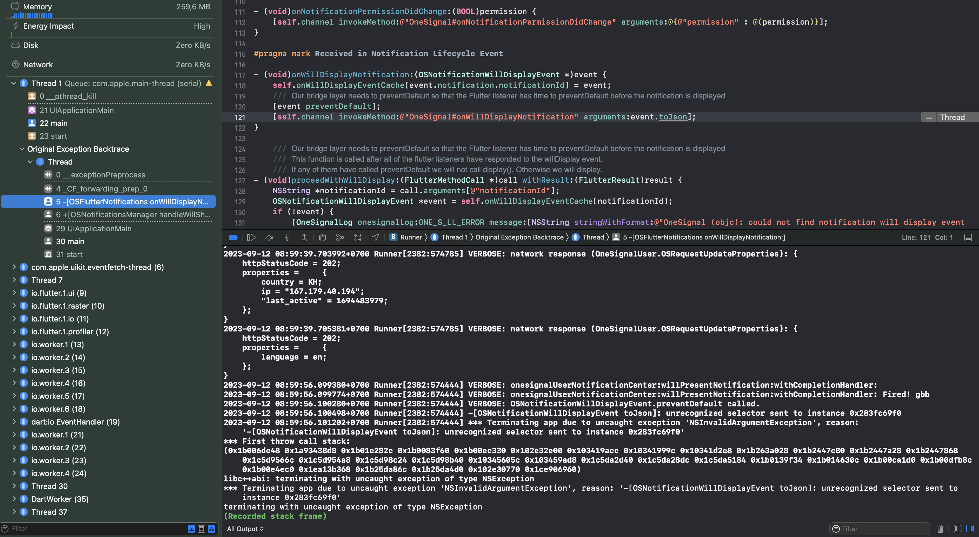 [question]: -[OSNotificationWillDisplayEvent toJson]: unrecognized selector sent to instance ...