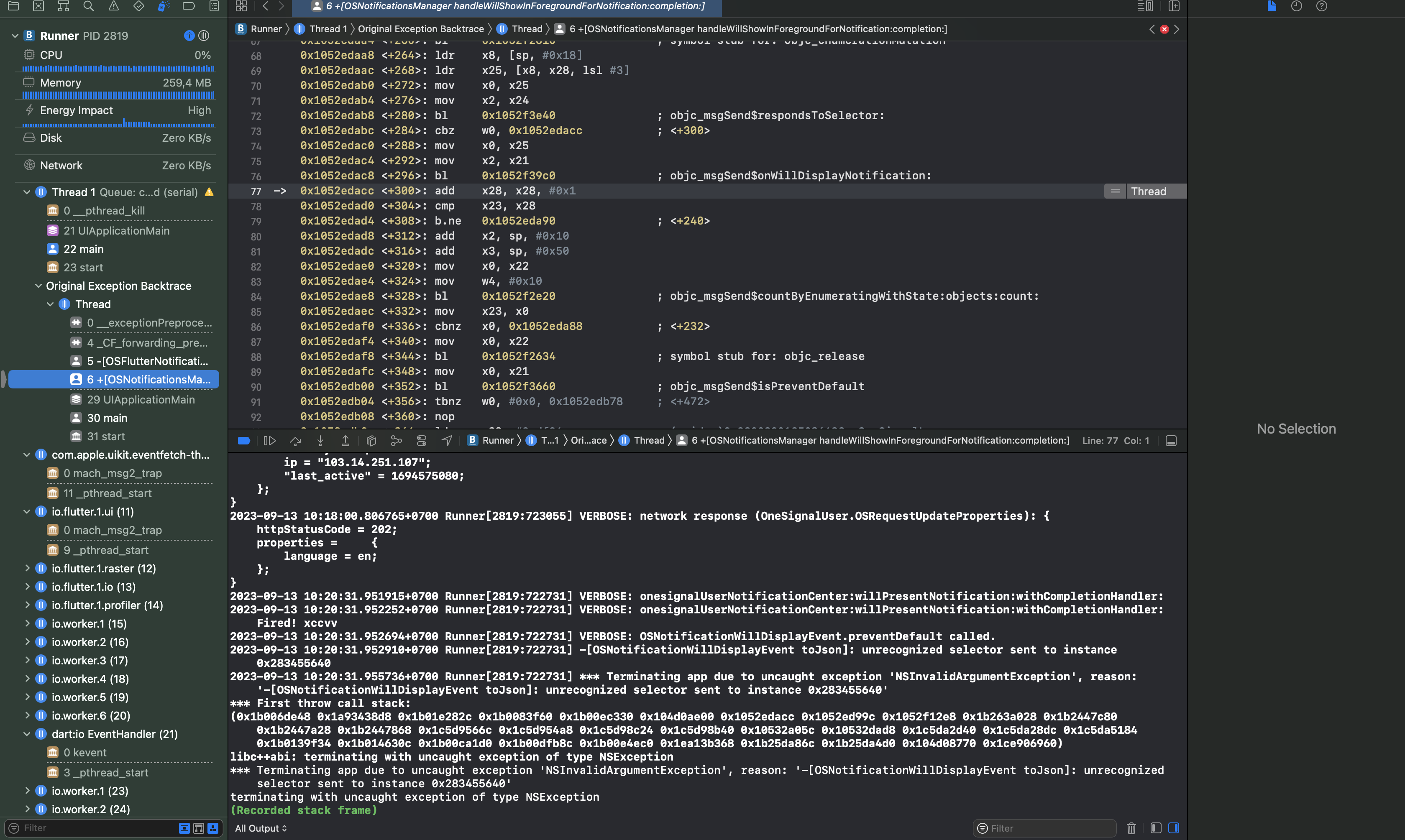 [question]: -[OSNotificationWillDisplayEvent toJson]: unrecognized selector sent to instance ...