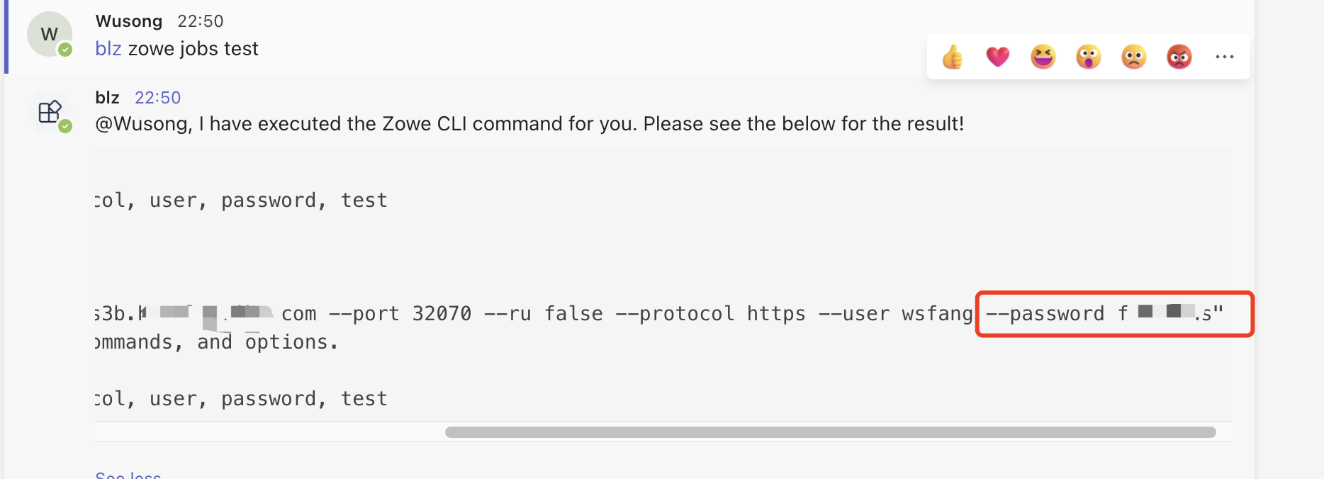 Bug: Password is shown in the error output of Zowe CLI command · Issue #165 · zowe/zowe-chat ...