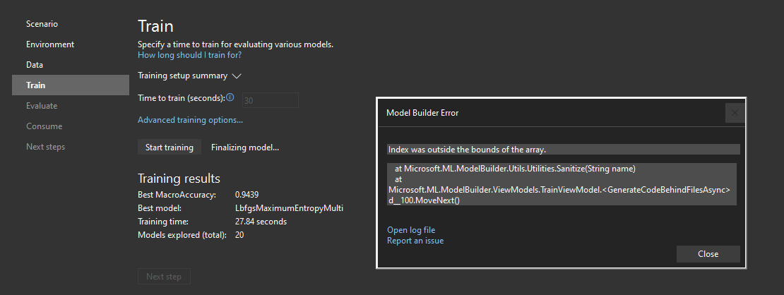 "Index was outside the bounds of the array" after training · Issue #2750 · dotnet ...
