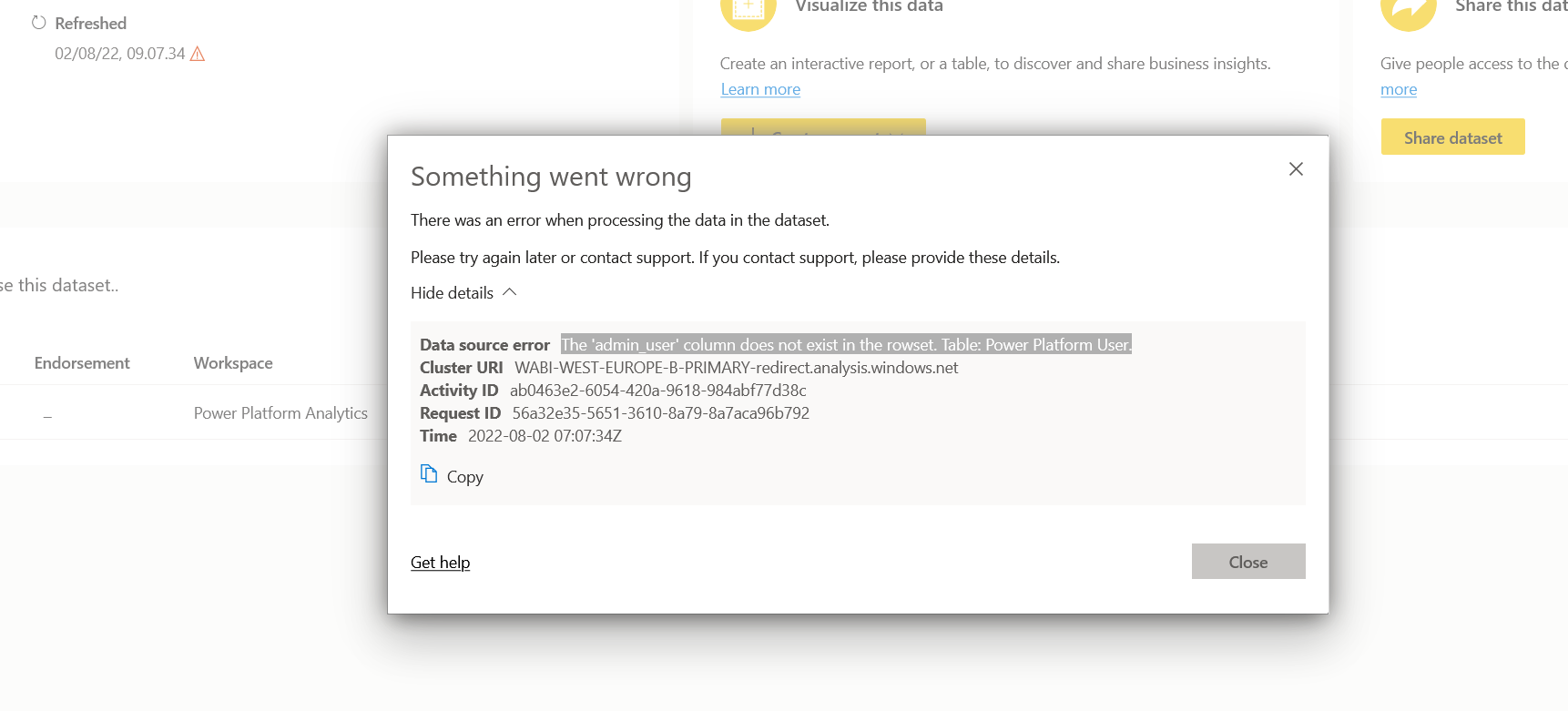 [CoE Starter Kit - BUG] The 'admin_user' column does not exist in the rowset. Table: Power ...