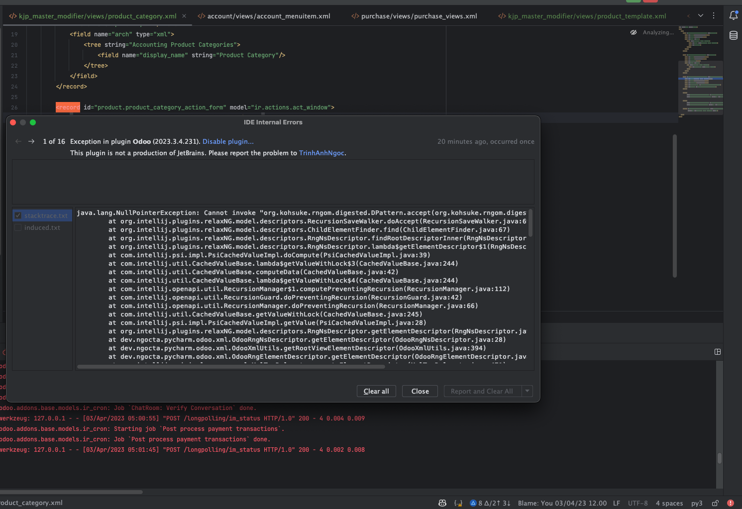 NullPointerException in OdooRngNsDescriptor · Issue #344 · odoo-ide/pycharm-odoo · GitHub