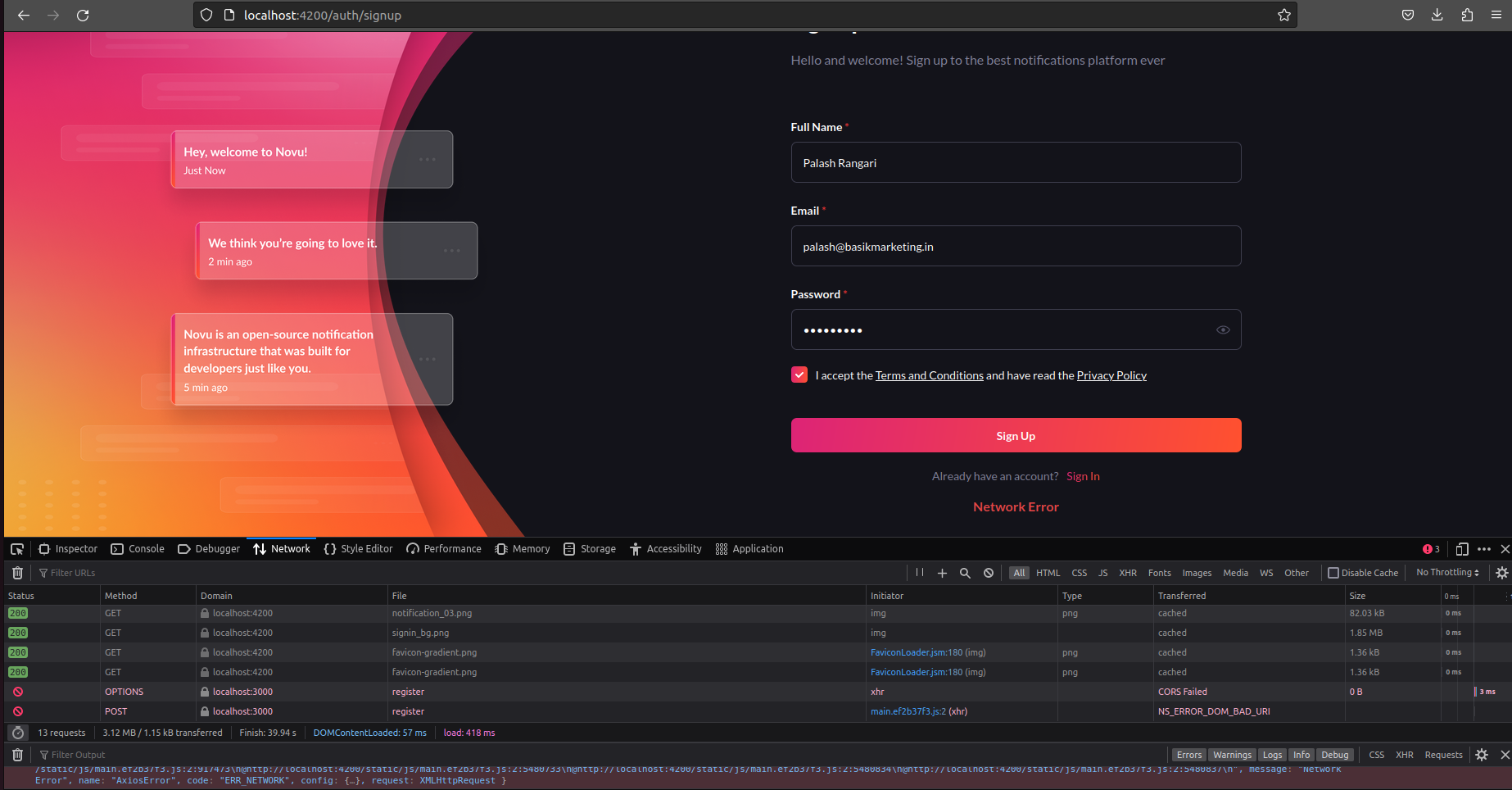 [NV-2067] 🐛 Bug Report: Network Error after clicking Signup Button. · Issue #3162 · novuhq/novu ...
