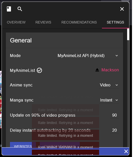 "Rate Limited. Retrying in a moment" · Issue #914 · MALSync/MALSync · GitHub