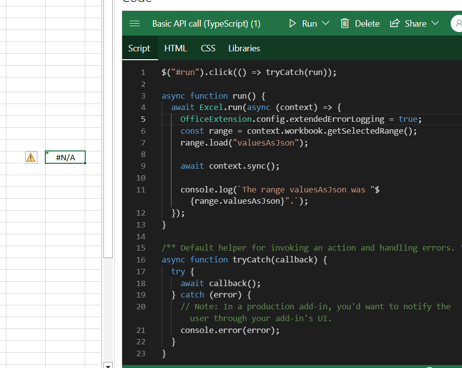 Getting Internal error when run range.valuesAsJson on cell containing CustomFunction.Error ...