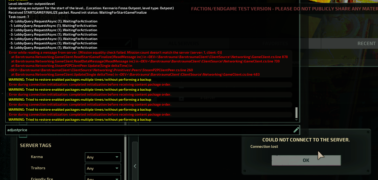 [Factions] Mass disconnect at the end of rounds (P2P server, "mission equality check failed ...