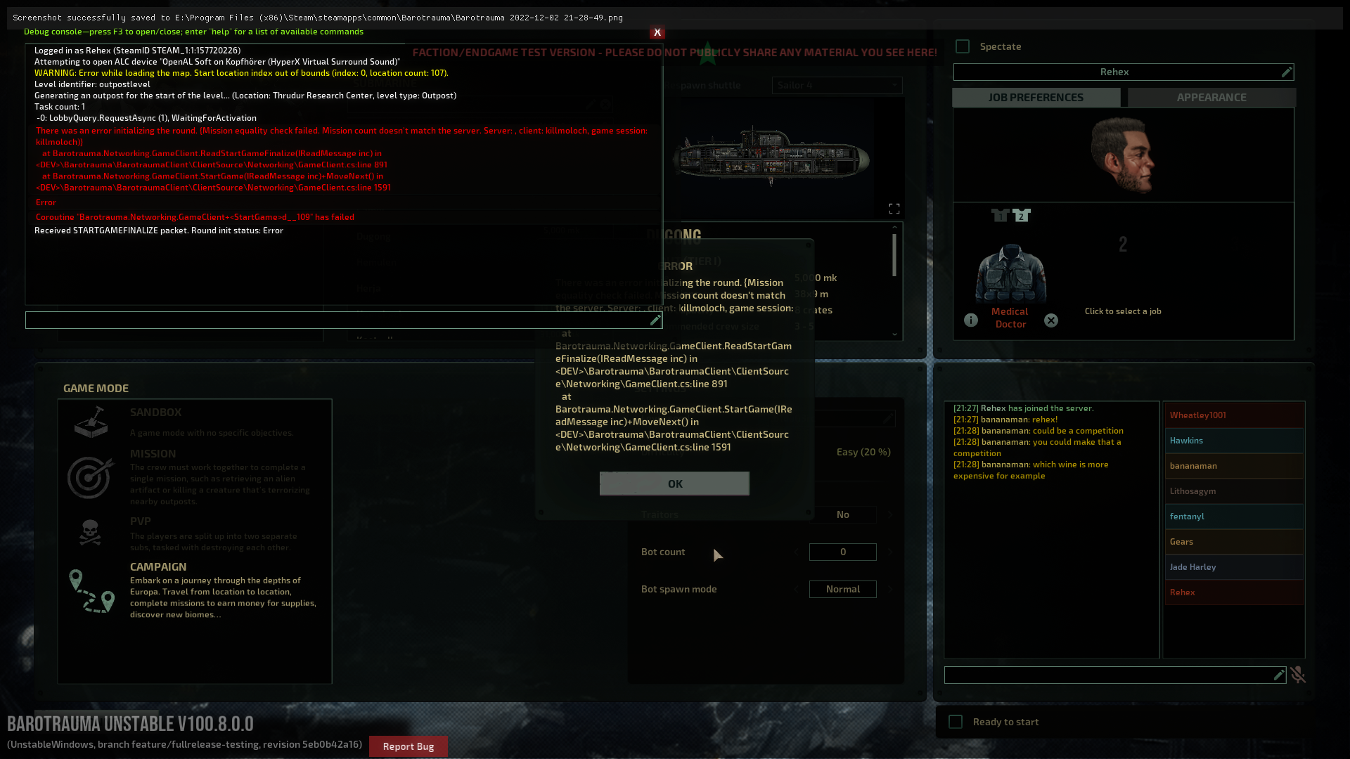 [Factions] Mass disconnect at the end of rounds (P2P server, "mission equality check failed ...