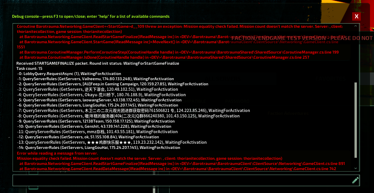 [Factions] Mass disconnect at the end of rounds (P2P server, "mission equality check failed ...
