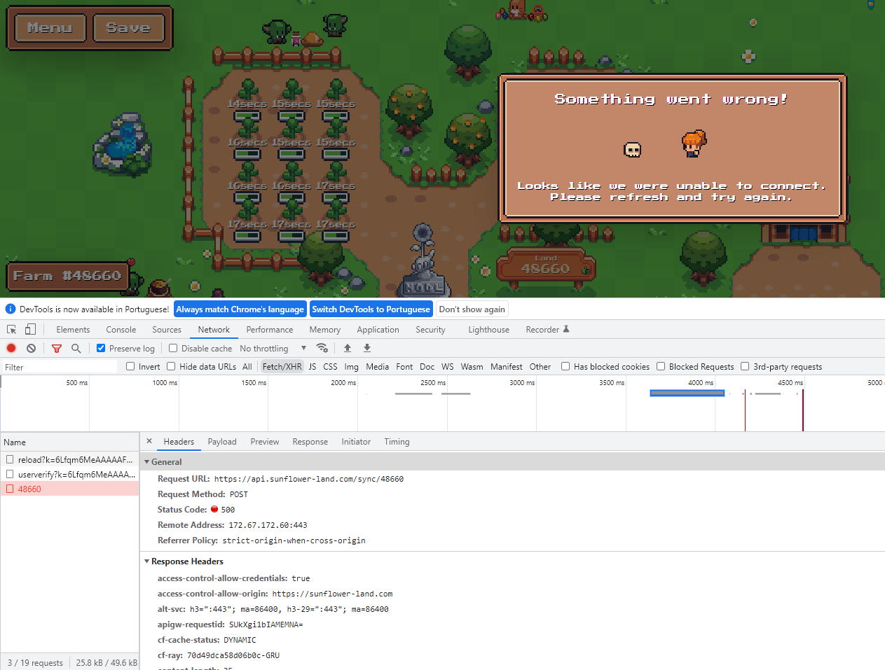 [BUG] Cannot sync, API 500 "FAILED_REQUEST" · Issue #949 · sunflower-land/sunflower-land · GitHub