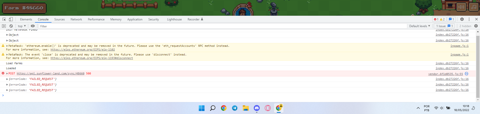[BUG] Cannot sync, API 500 "FAILED_REQUEST" · Issue #949 · sunflower-land/sunflower-land · GitHub