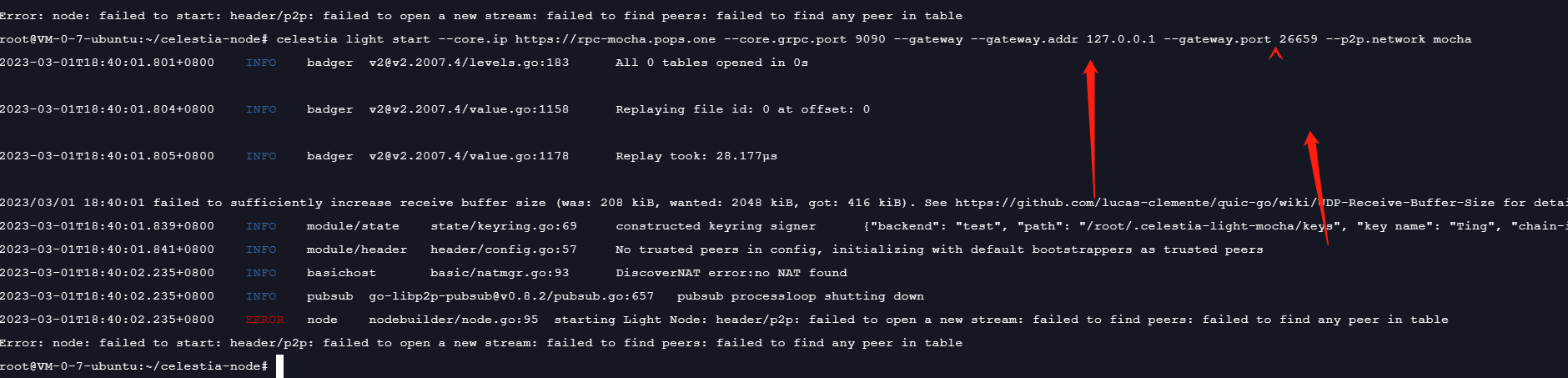 nodebuilder/node.go:95 starting light Node: header/p2p: failed to open a new stream: failed to ...