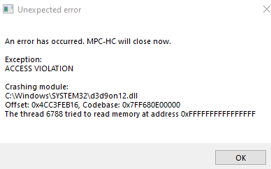 Access Violation crash d3d9on12.dll · Issue #1712 · clsid2/mpc-hc · GitHub