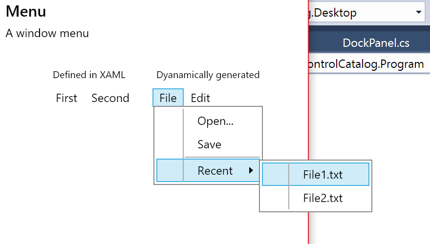 ControlDialog.Desktop demo crashes when click on the dynamically created menu items · Issue ...