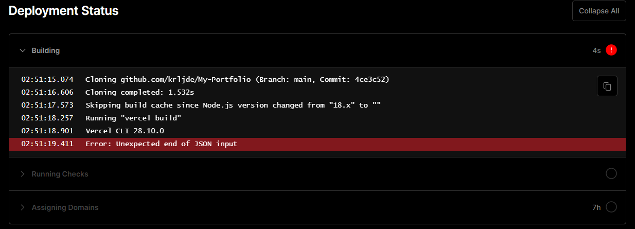 Build Failed: Unexpected end of JSON input · vercel community · Discussion #1189 · GitHub