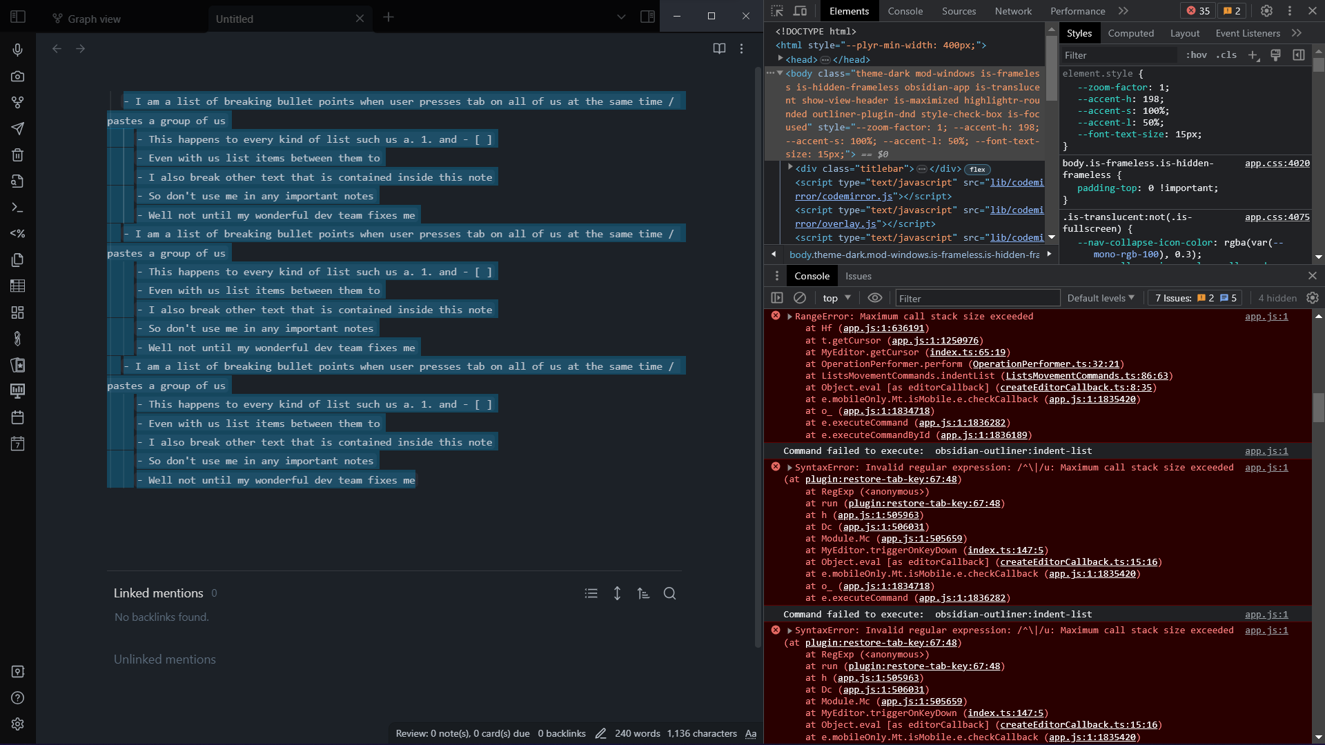 [BUG] Group of List Indent crashes Obsidian · Issue #484 · vslinko/obsidian-outliner · GitHub