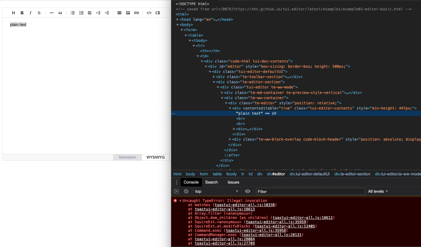 WYSIWYG editor issues when tui element in ` ` · Issue #1261 · nhn/tui.editor · GitHub